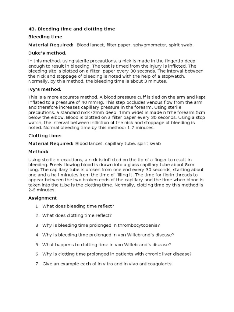 4B. Bleeding Time and Clotting Time Bleeding Time Material Required ...