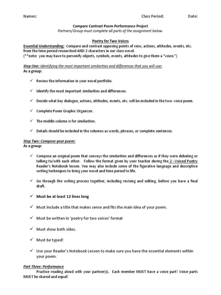 Compare and Contrast Project - Poem For Two Voices Draft | PDF