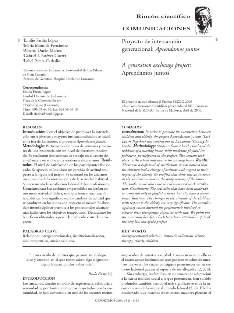 Proyecto de Intercambio Generacional PDF | PDF | Vejez | Juventud