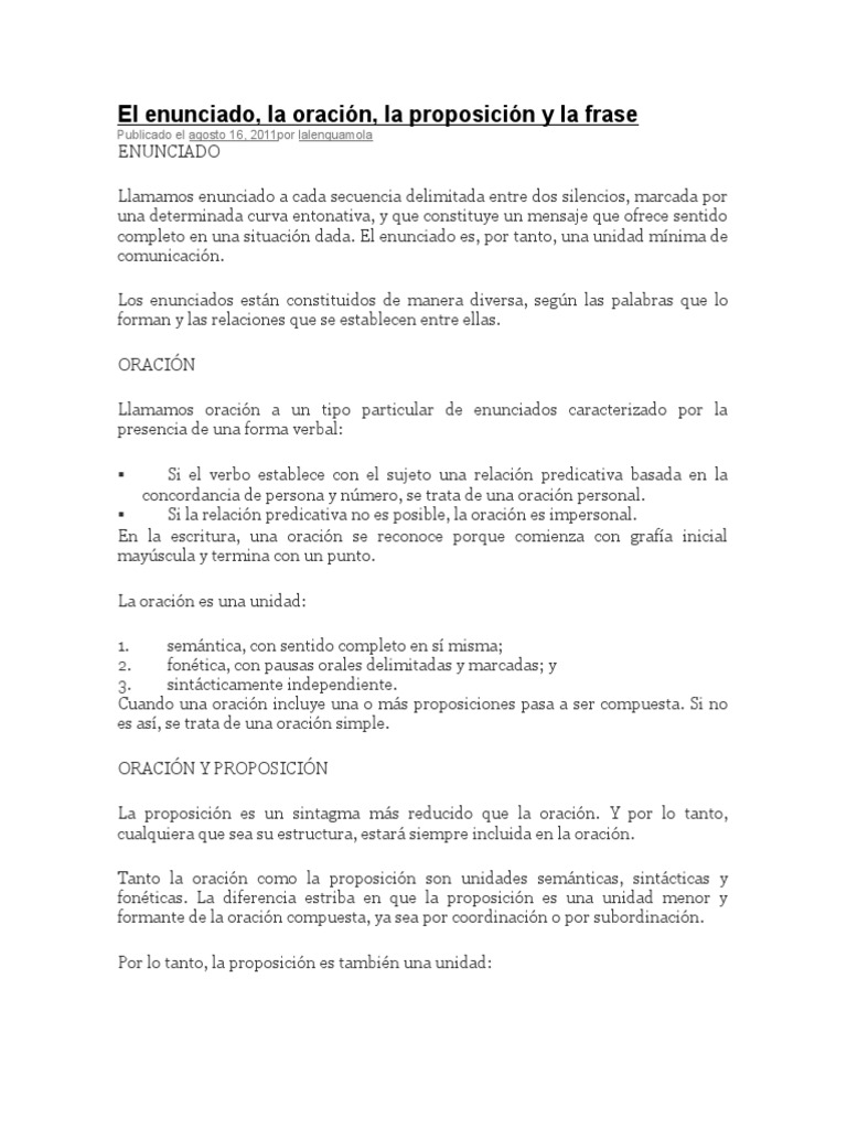 La Oracion y Proposicion | PDF | Oración (Lingüística) | Asunto (gramática)