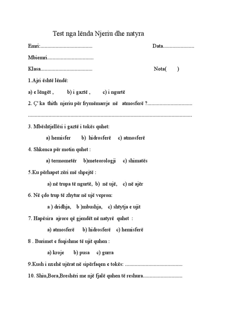 Test Nga Lënda Njeriu Dhe Natyra | PDF