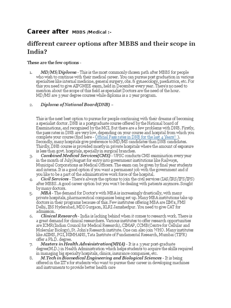 Different Career Options After Mbbs And Their Scope In India Pdf