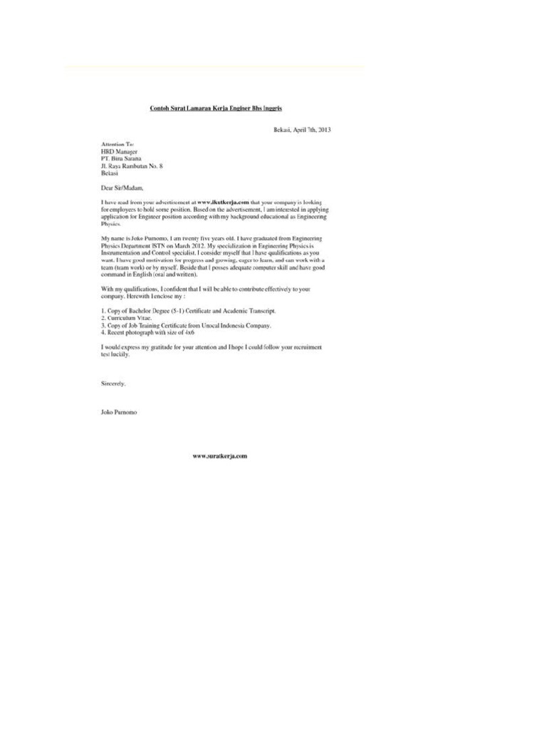 Contoh Surat Lamaran Pekerjaan Dalam Bahasa Inggris Pertama | PDF ...