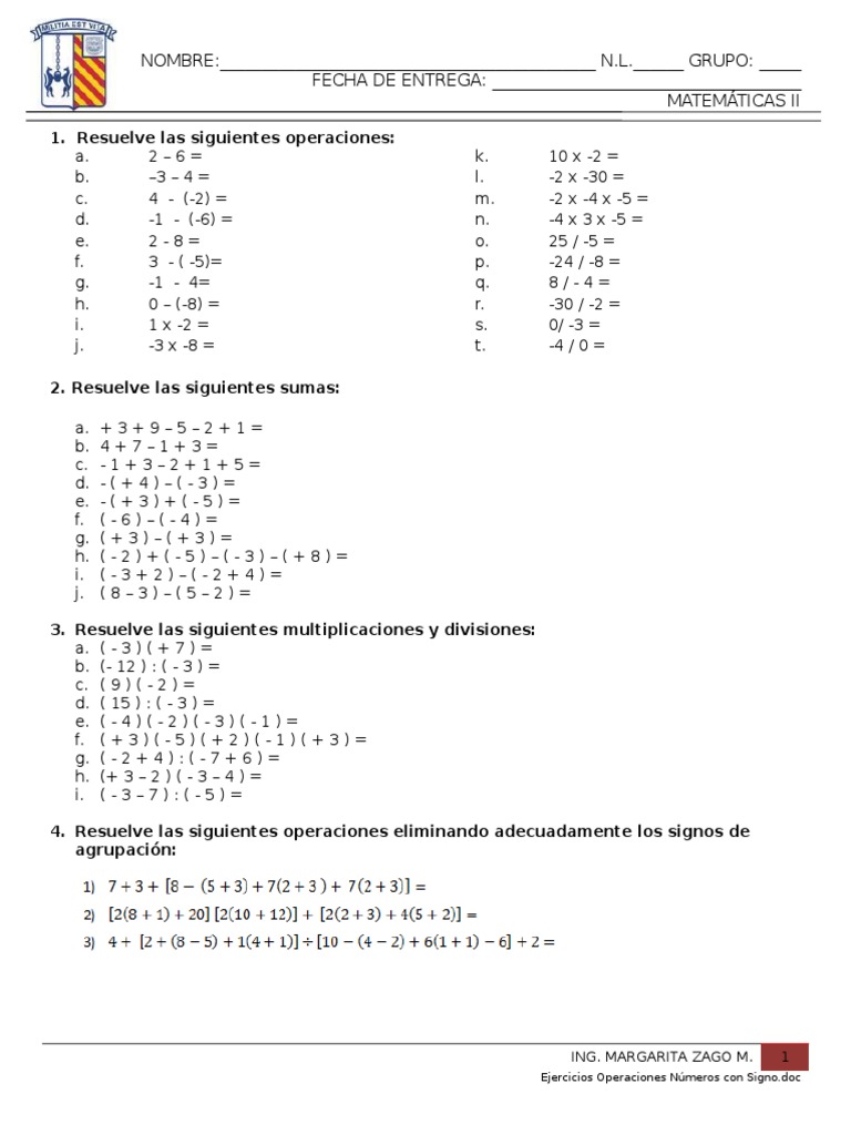 Ejercicios de Operaciones con Signos | PDF