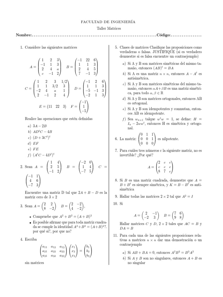 taller de operaciones de matrices.pdf | Matriz (Matemáticas) | Análisis ...