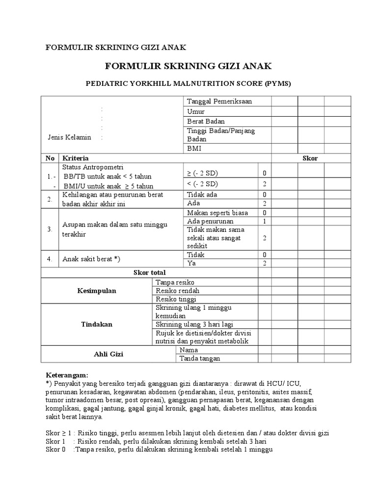 Formulir Skrining Gizi Anak | PDF