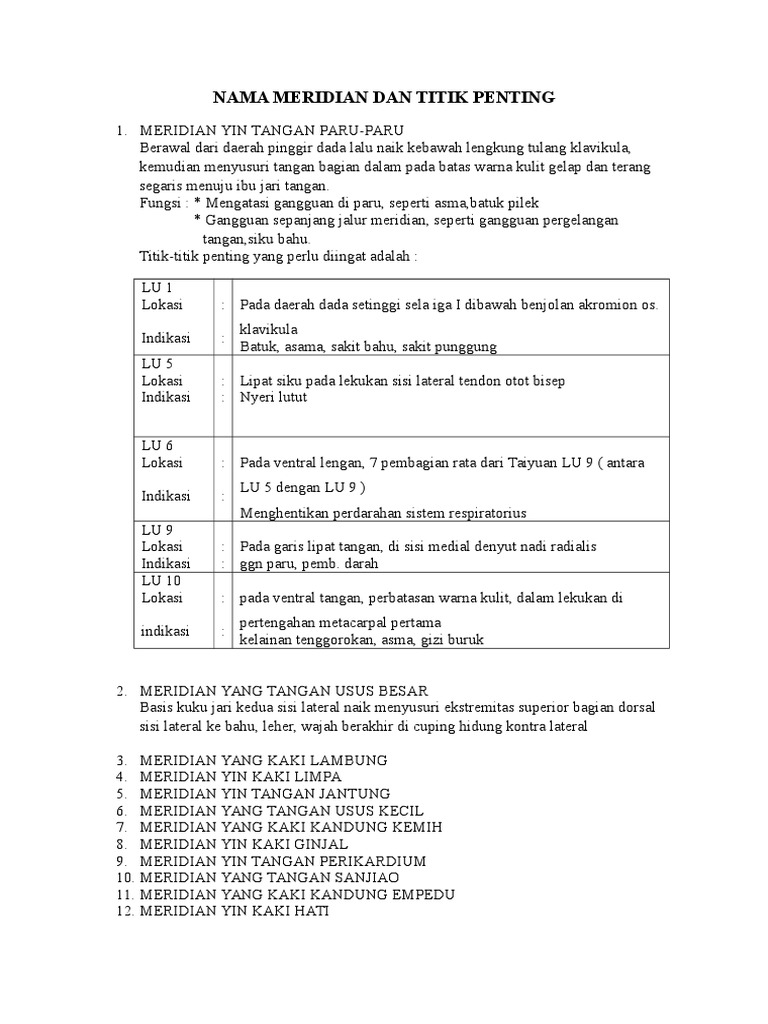 Nama Meridian Dan Titik Penting | PDF