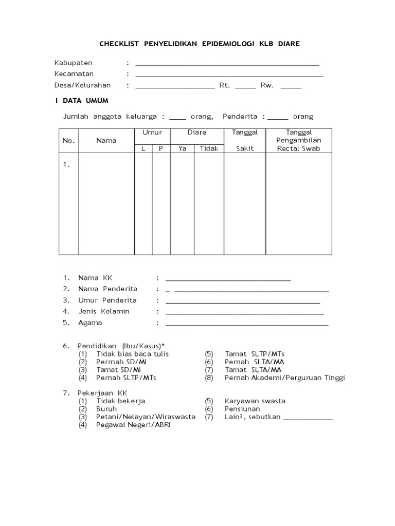 Checklist Pe KLB Diare | PDF | Sains & Matematika