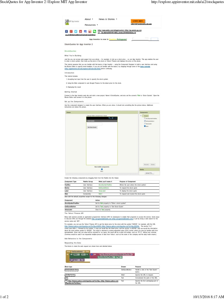 Stockquotes For App Inventor 2 Explore Mit App Inventor Pdf Pdf Application Programming