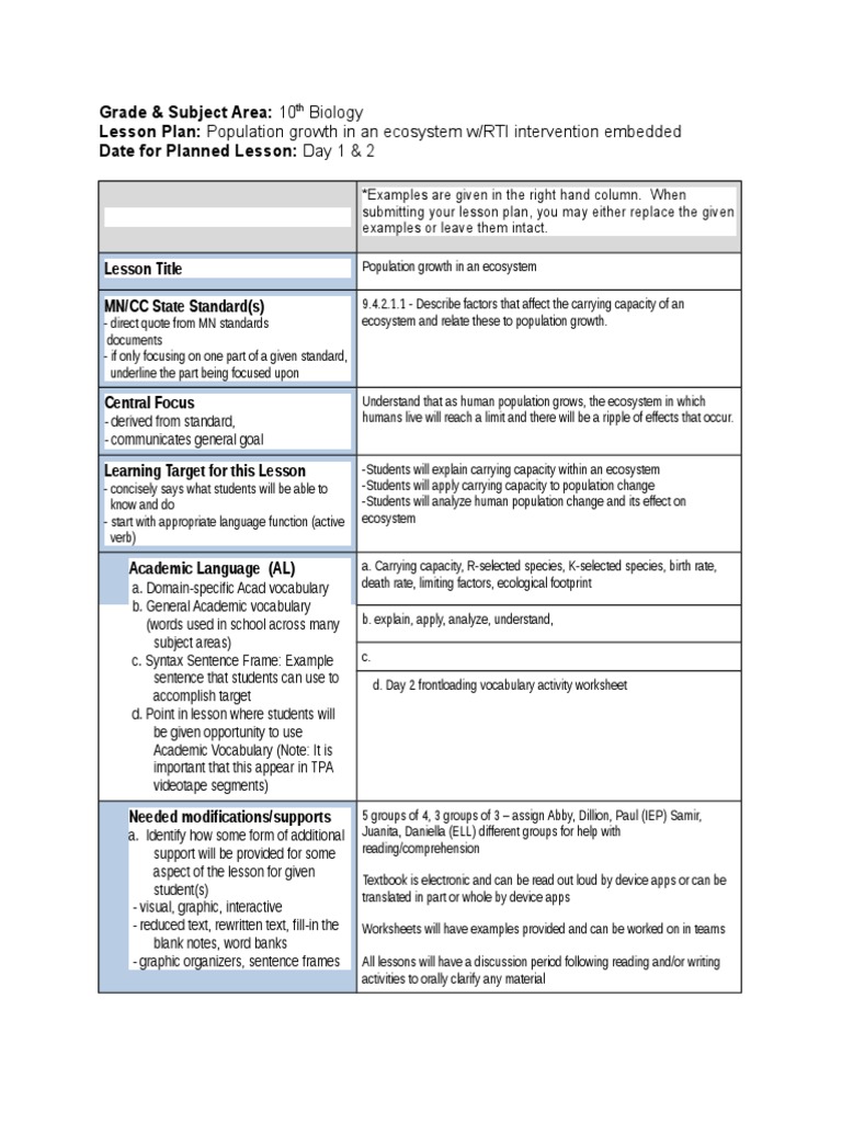 Population Biology Lesson Plan With Rti For Odd | PDF | Educational ...