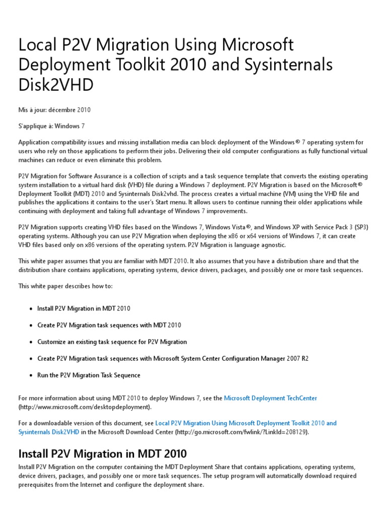 Local P2V Migration Using Microsoft Deployment Toolkit 2010 and Sysinternals Disk2VHD | PDF ...