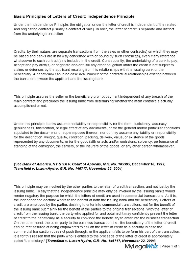 Basic Principles of Letters of Credit Independence Principle | Download ...