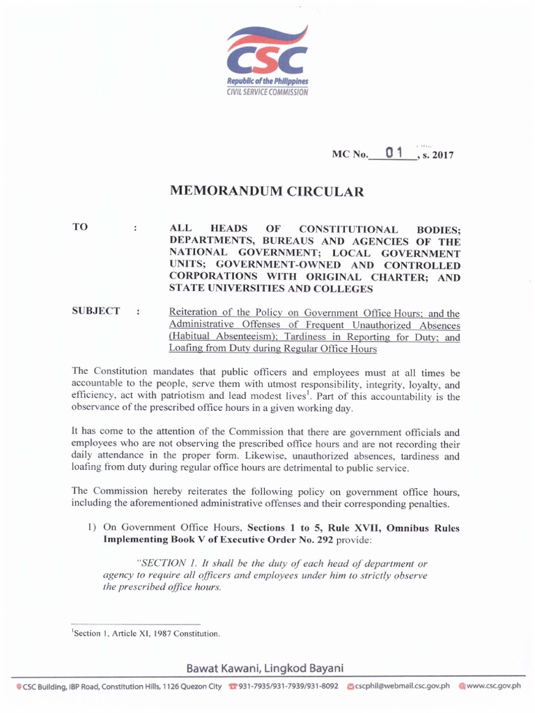 CSC Memorandum Circular No 1 Series of 2017 PDF | PDF
