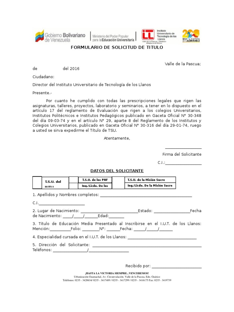 Formulario de Solicitud de Titulo | PDF