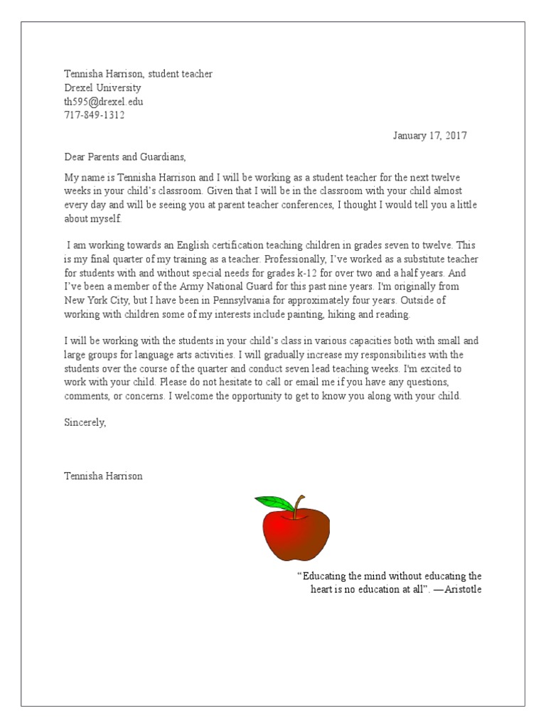 Student Teaching Family Intro Letter | PDF