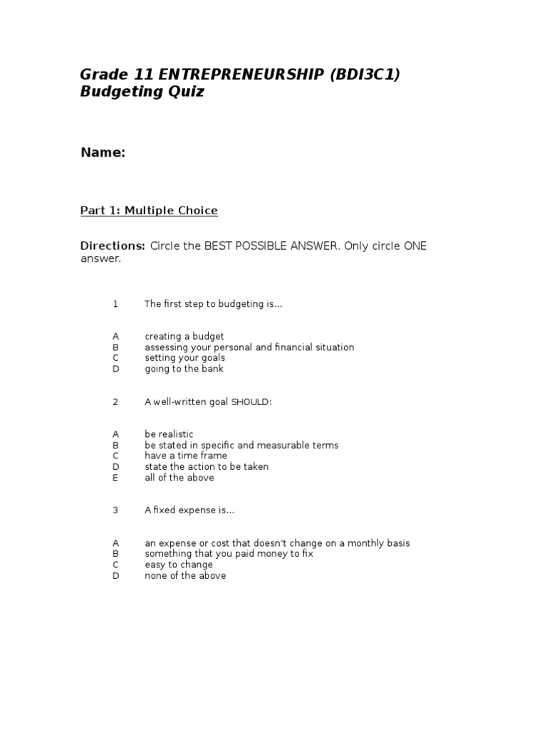 Grade 11 Entrepreneurshipquiz | PDF | Budget | Money