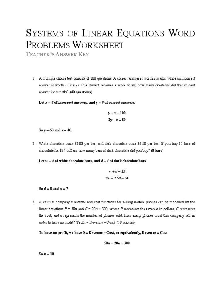 Solution - Systems of Linear Equations Word Problems Worksheet Answers ...