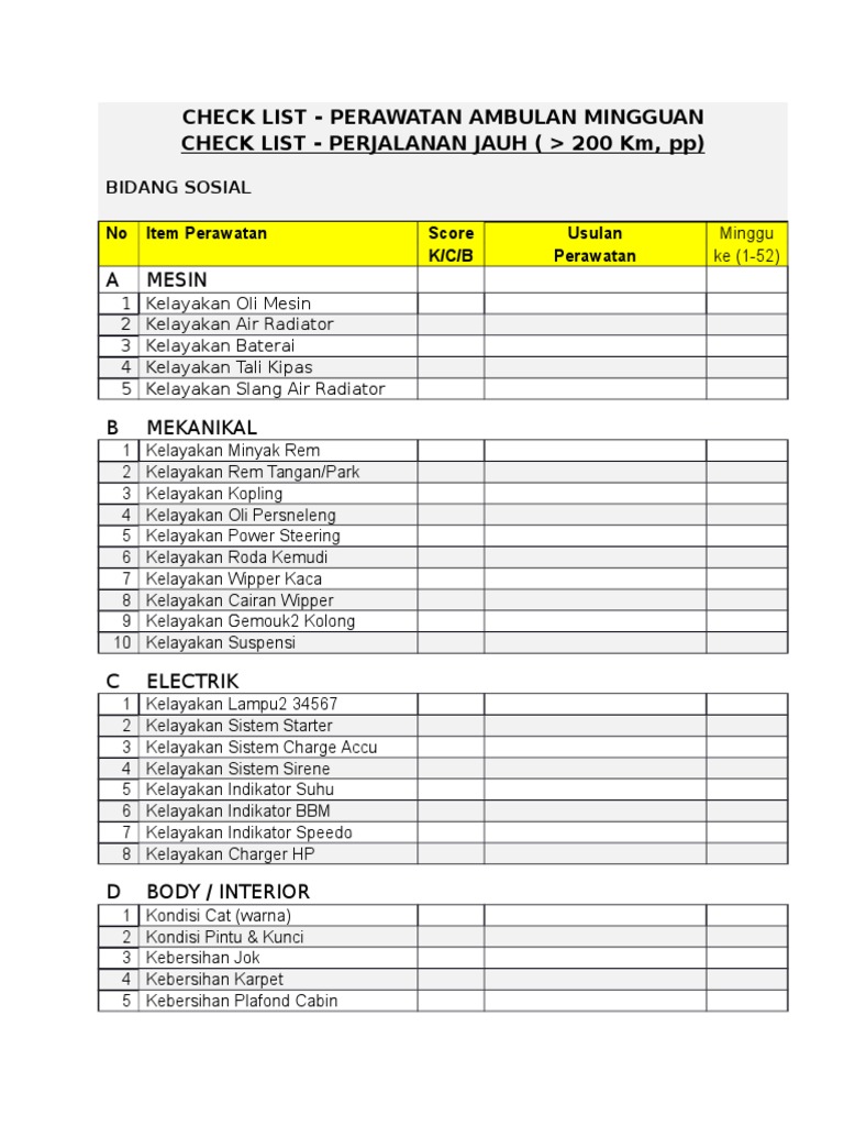 Check List Perawatan Ambulance