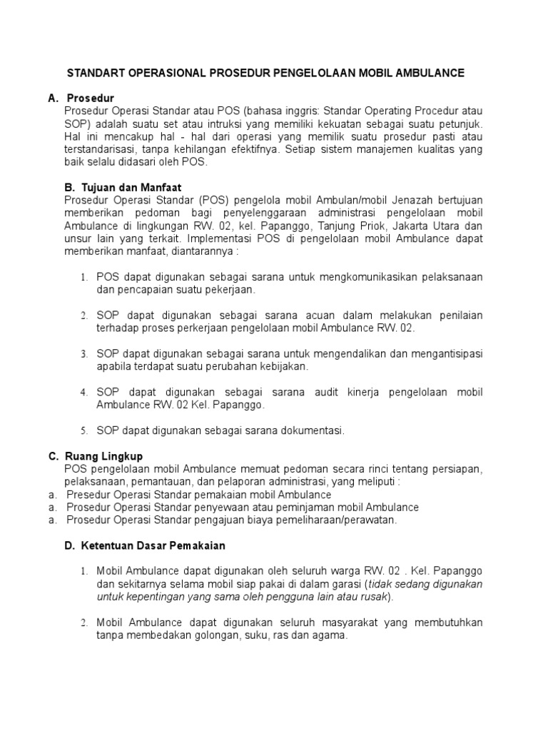 Standart Operasional Prosedur Pengelolaan Mobil Ambulance | PDF