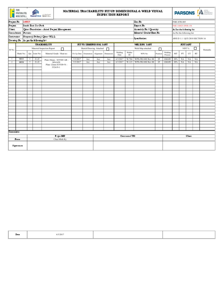 Material Traceability/ Fit Up/ Dimensional & Weld Visual Inspection ...