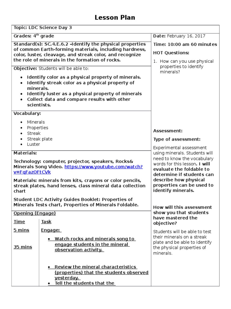 Lesson Plan LDC Science | PDF | Educational Assessment | Minerals