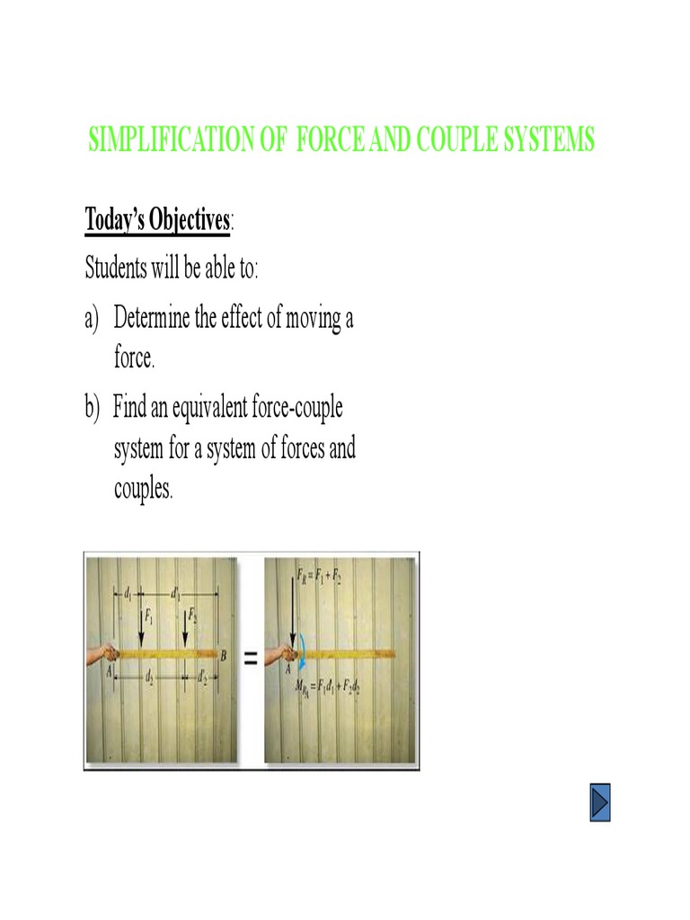 Simplification of Force and Couple Systems: Today's Objectives | PDF | Force | Euclidean Vector