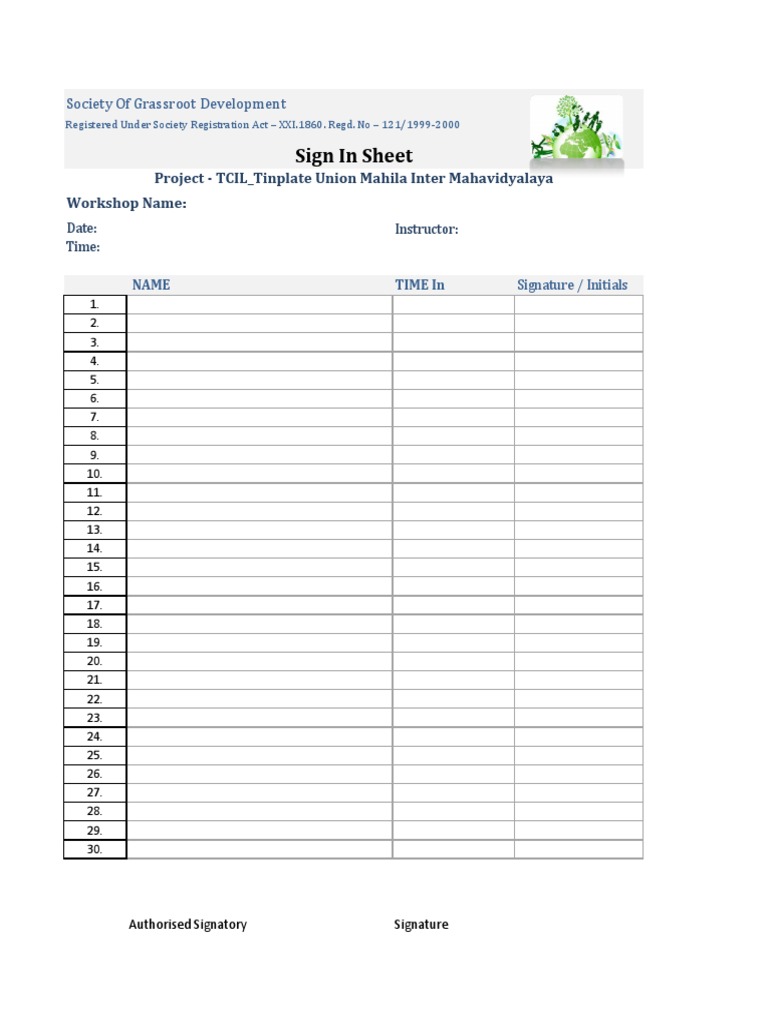 Sign in Sheet: Workshop Name: Project - TCIL - Tinplate Union Mahila ...