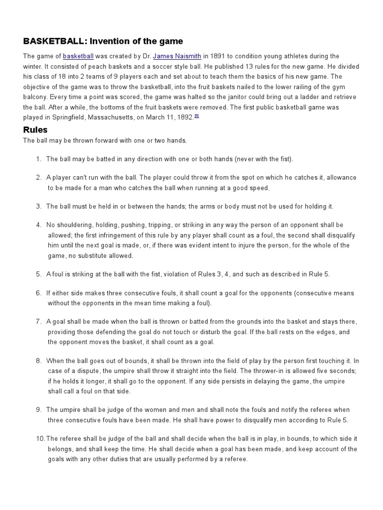 BASKETBALL: Invention of The Game | PDF | Referee | Ball Games