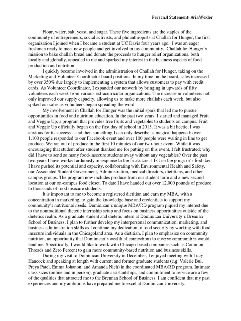 Personal Statement | PDF | Dietitian | Food And Drink