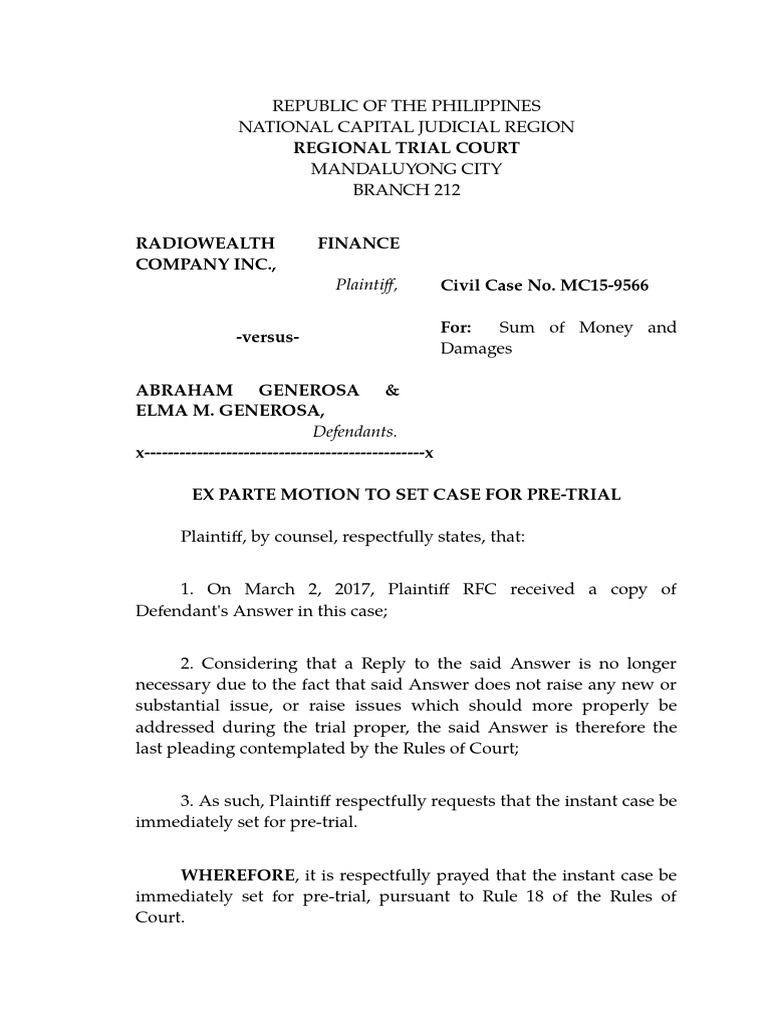 Motion To Set Case For Pre Trial - Generosa | PDF | Lawsuit | Common Law