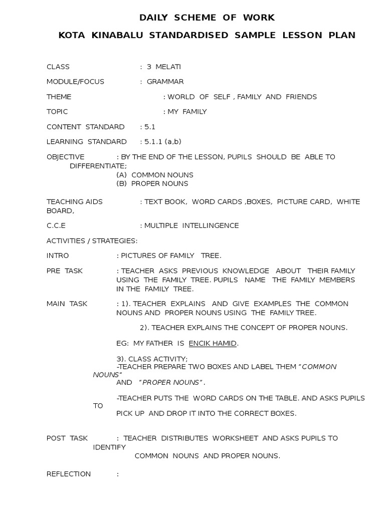 Daily Scheme of Work Kota Kinabalu Standardised Sample Lesson Plan | PDF