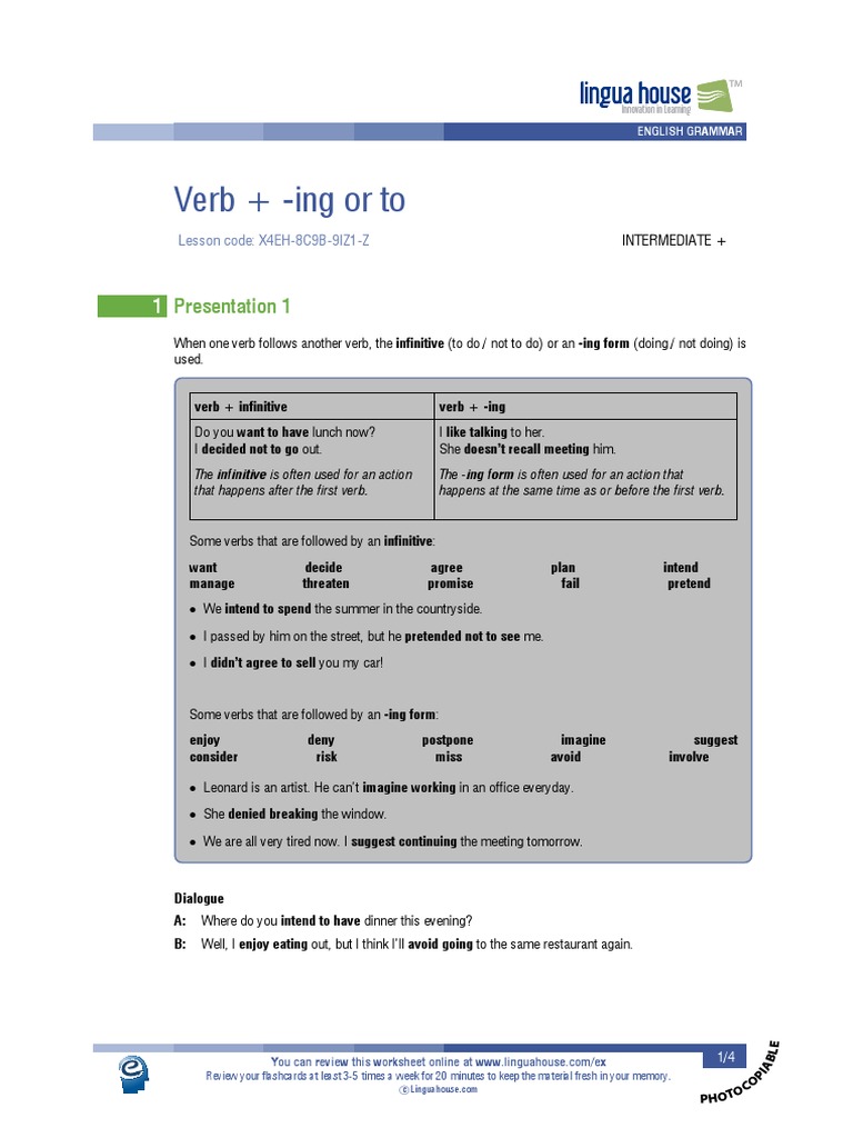 Verb + - Ing or To | PDF | English Grammar | English Language