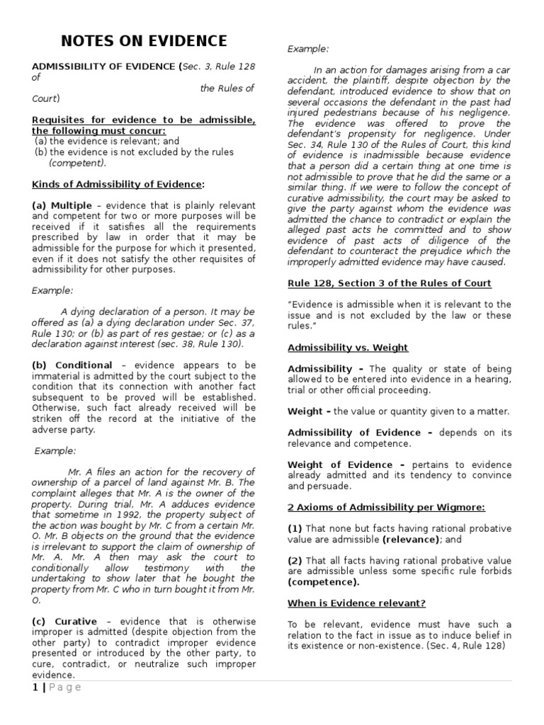 Notes On Evidence | PDF | Evidence (Law) | Evidence