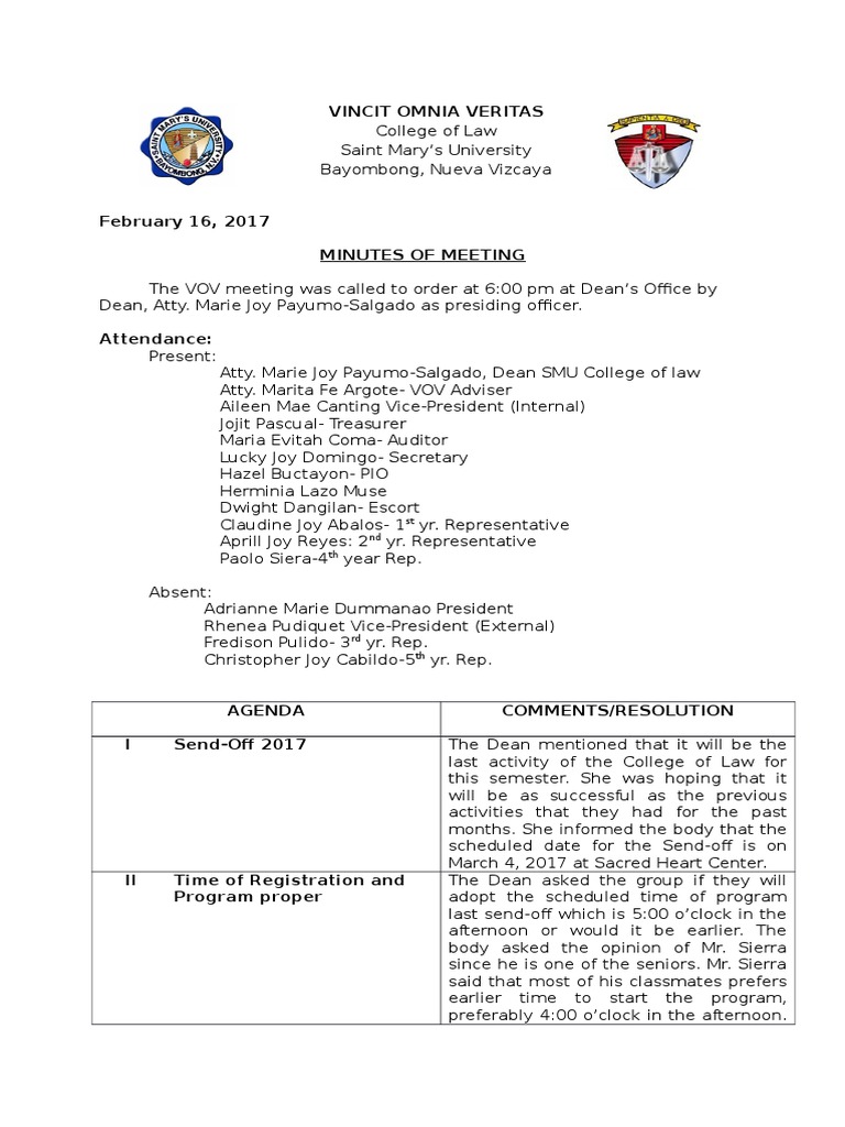 Minutes of the VOV Meeting Outlining Plans for the 2017 Send-Off ...