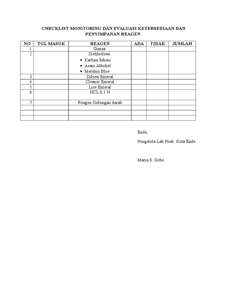 Checklist Monitoring Dan Evaluasi Ketersediaan Dan Penyimpanan Reagen | PDF