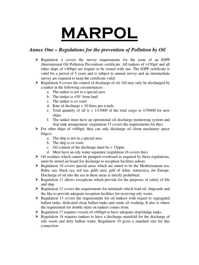 Marpol Summary | PDF | Oil Tanker | Pollution