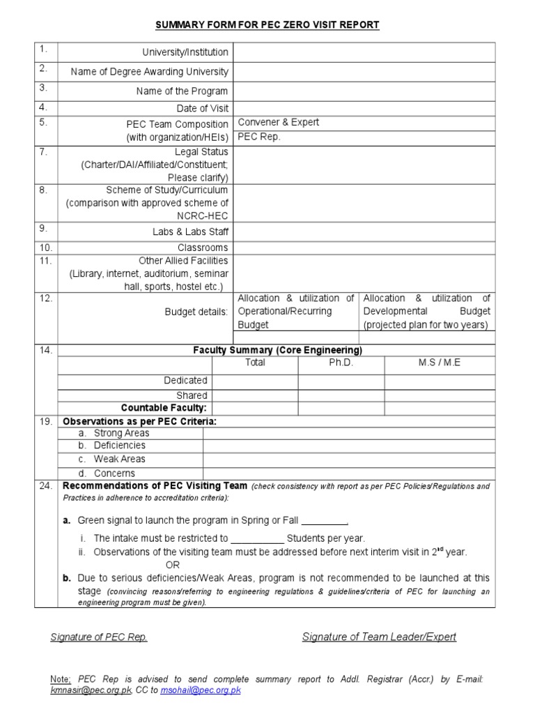Summary Form For Pec Zero Visit Report: Signature of PEC Rep | PDF ...