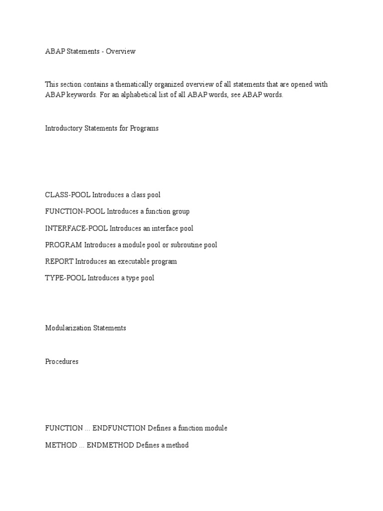 ABAP Statements - Overview | PDF | Subroutine | Control Flow