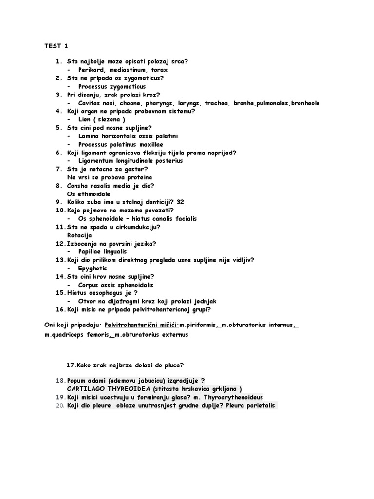 Anatomija Test 1 Pdf