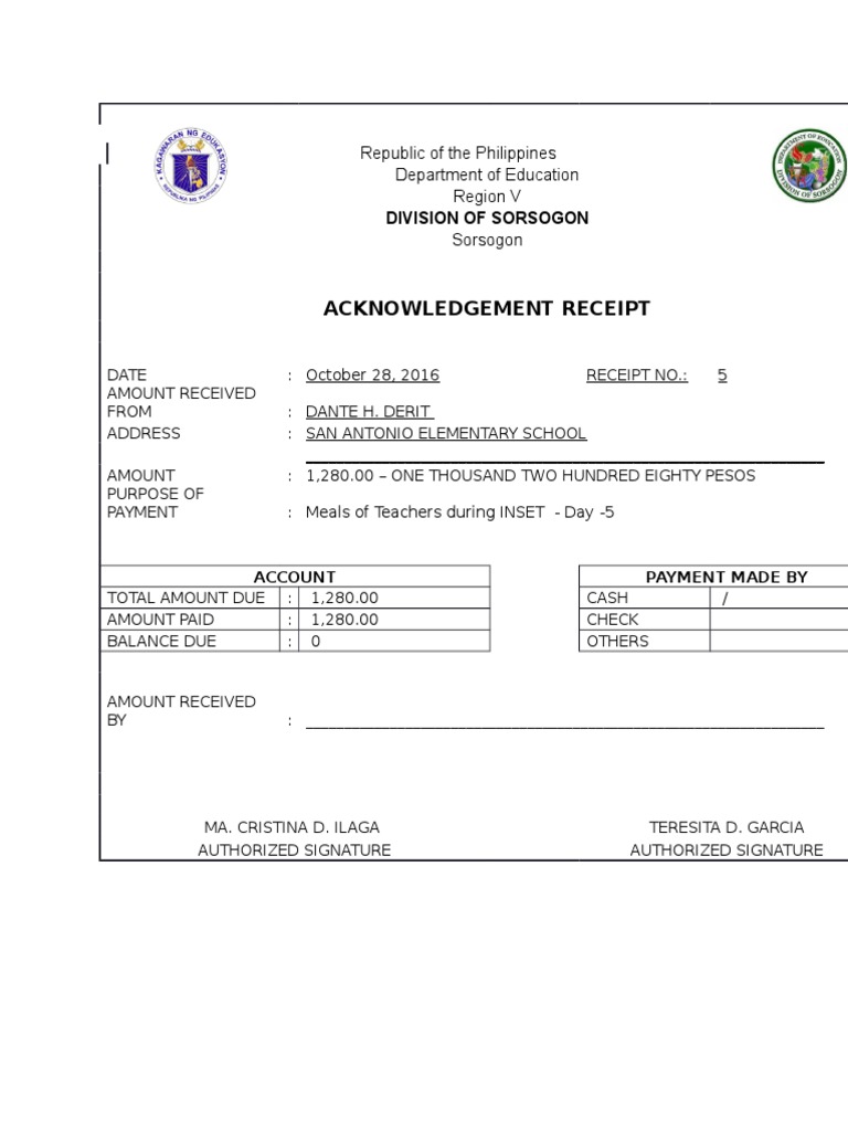 Acknowledgement Receipt: Republic of The Philippines Department of ...