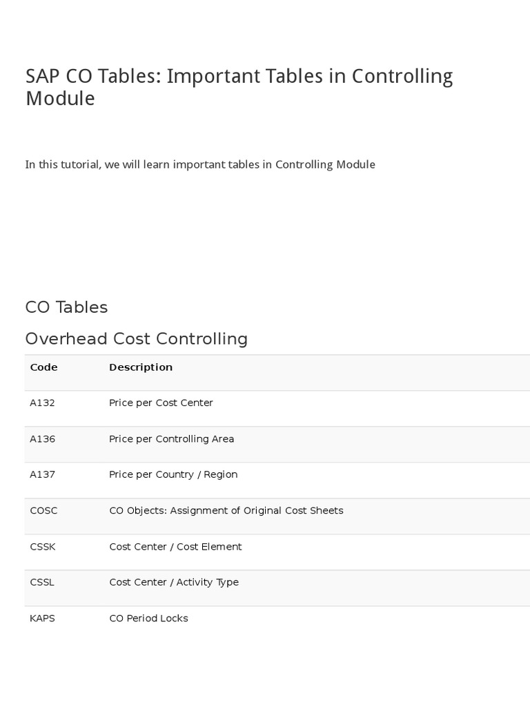 SAP CO Tables: Important Tables in Controlling | PDF | Cost Accounting ...