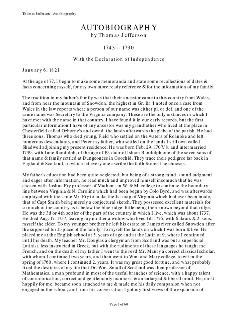 Thomas Jefferson - Autobiography | Download Free PDF | United States ...