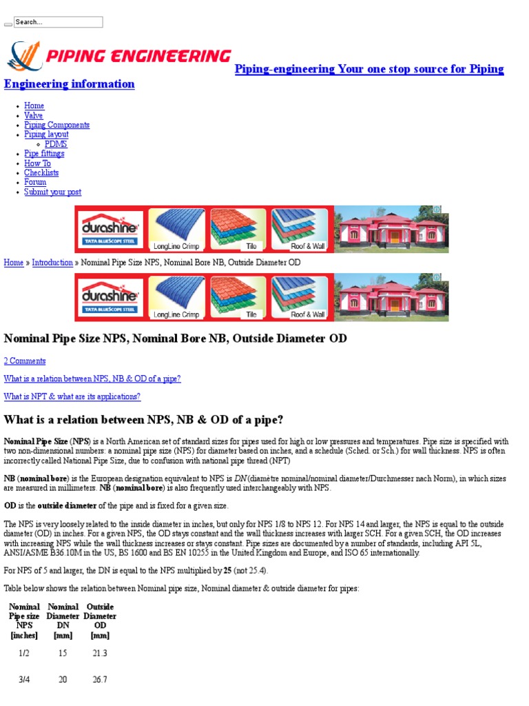 Nominal Pipe Size NPS, Nominal Bore NB, Outside Diameter OD | PDF ...