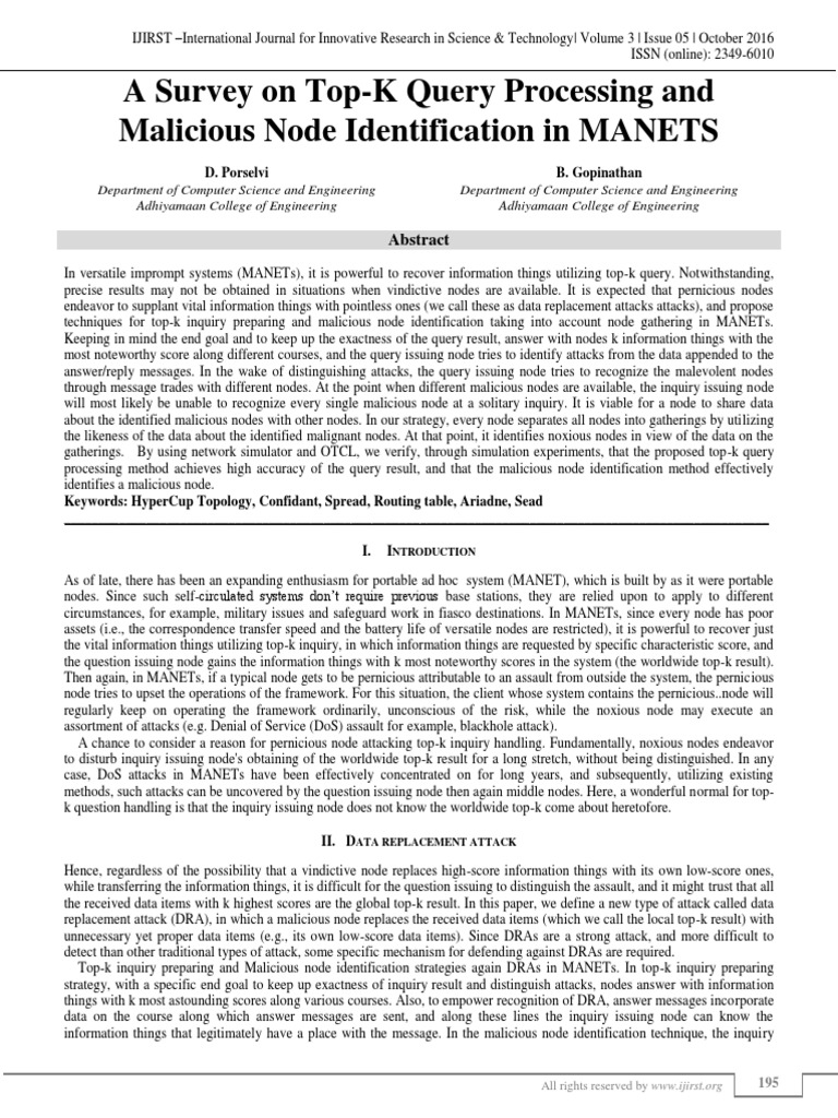 A Survey On Top K Query Processing And Malicious Node Identification In Manets Pdf Routing