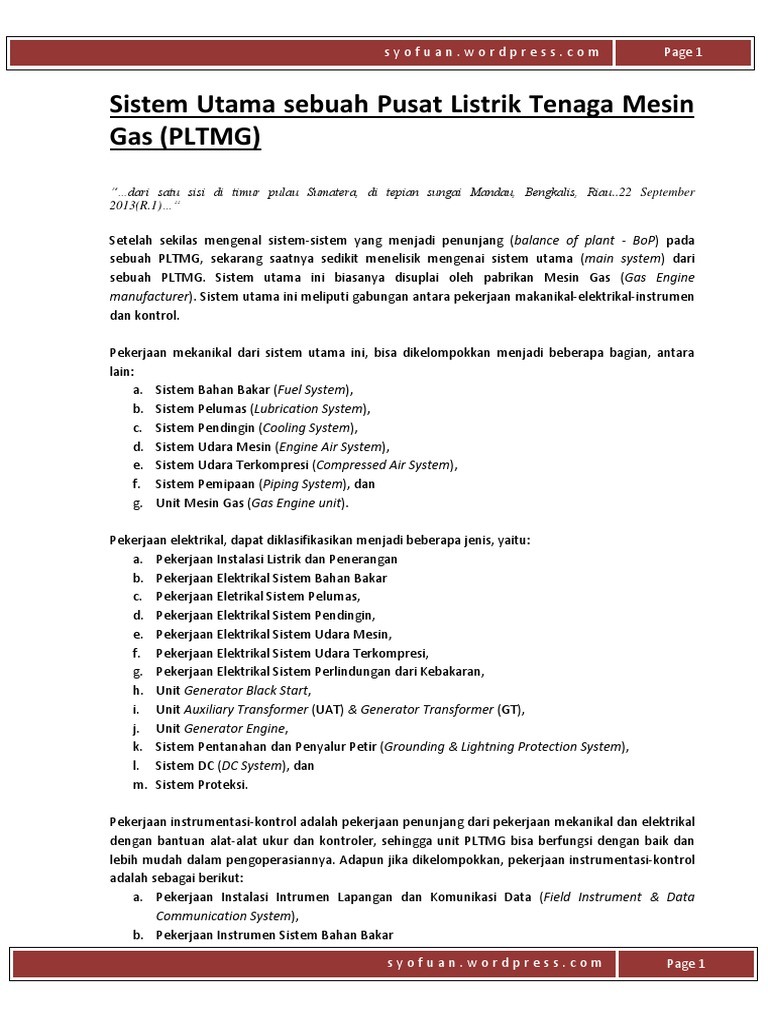 Sistem Utama PLTMG dan Mesin Gas | PDF