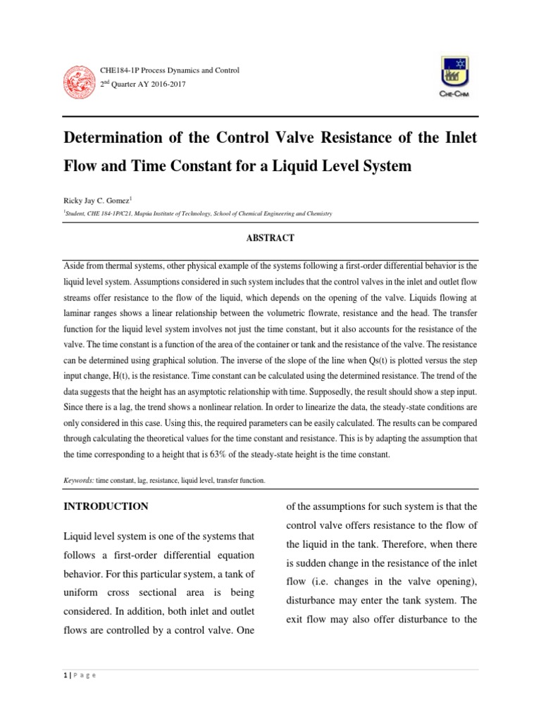 Lab Experiment 2 L Resistance and Time Constant For Liquid Level System ...
