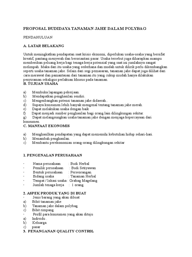 Proposal Budidaya Tanaman Jahe Dalam Polybag | PDF