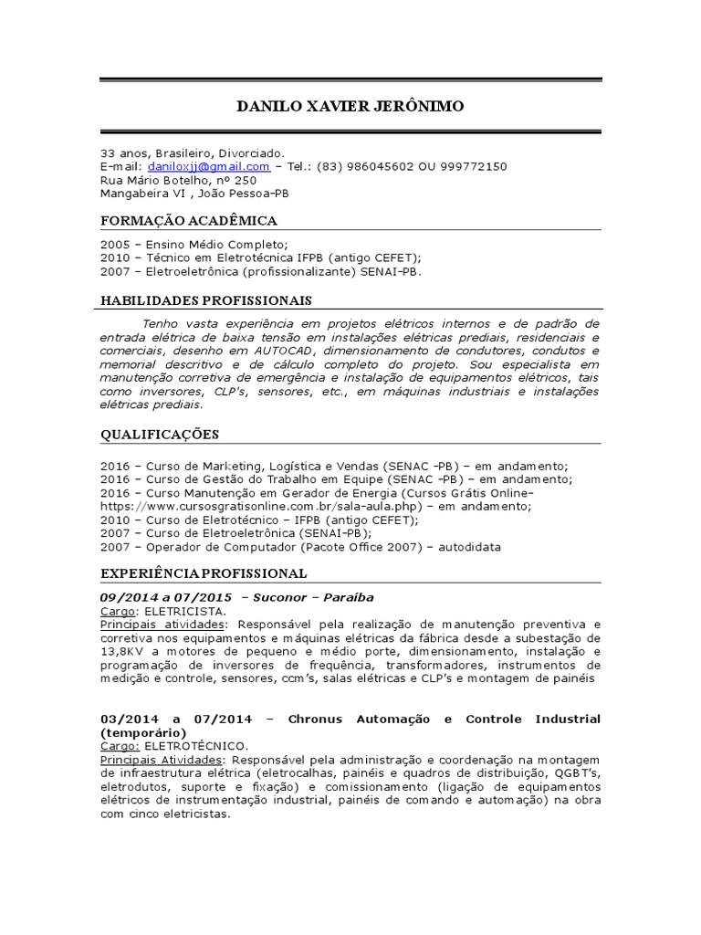 Currículo de Danilo Xavier Jerônimo | PDF | Eletricista | Engenharia Elétrica