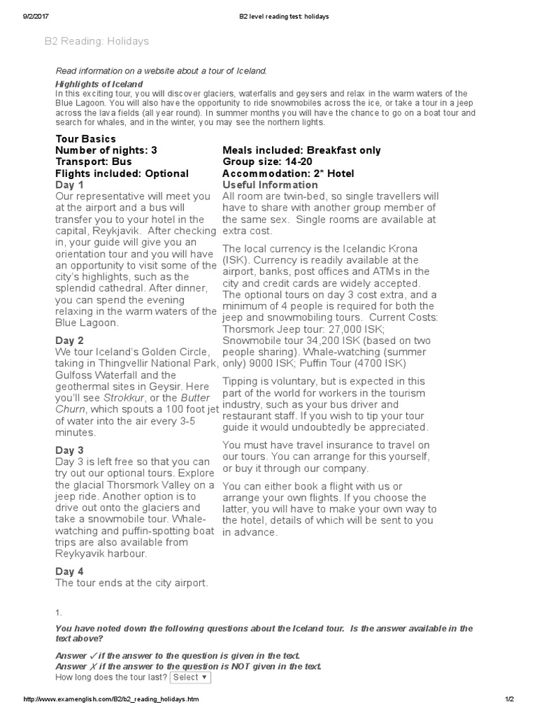 B2 Level Reading Test - Holidays | PDF | Iceland | Economies