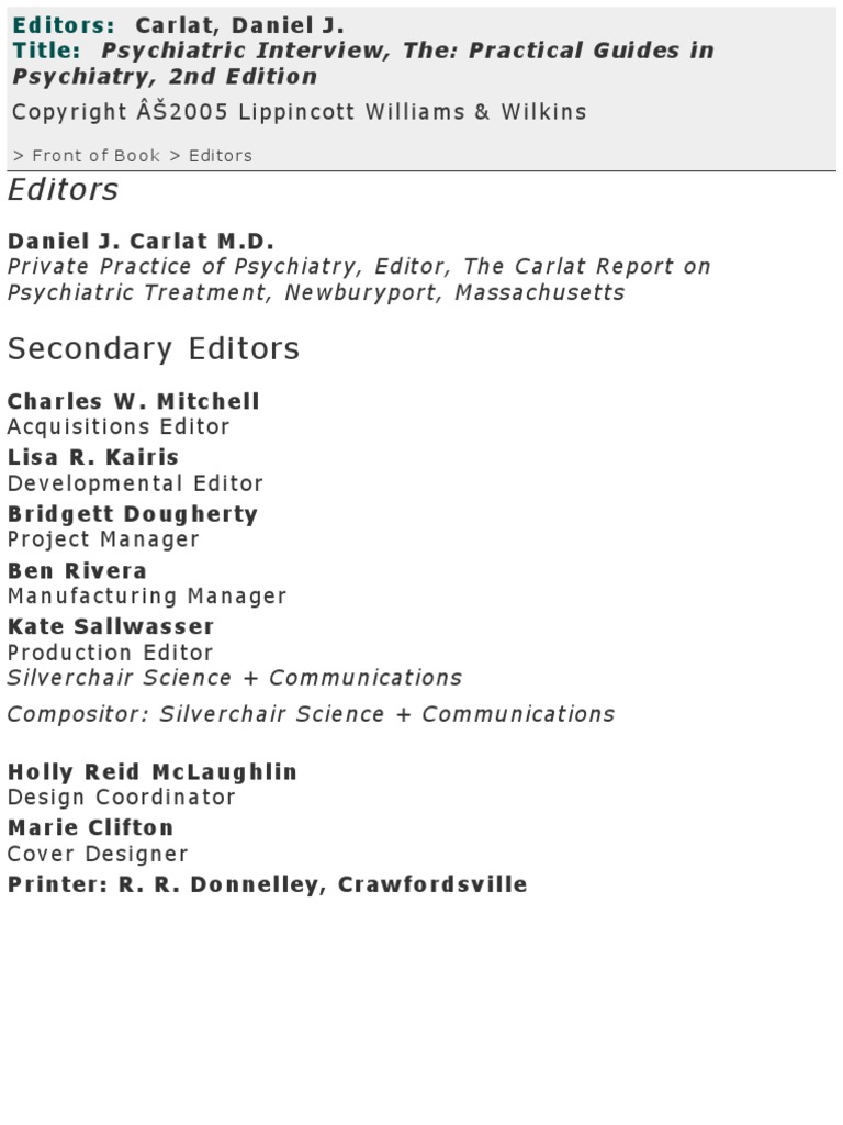 Daniel J Carlat-The Psychiatric Interview | PDF | Mental Disorder ...